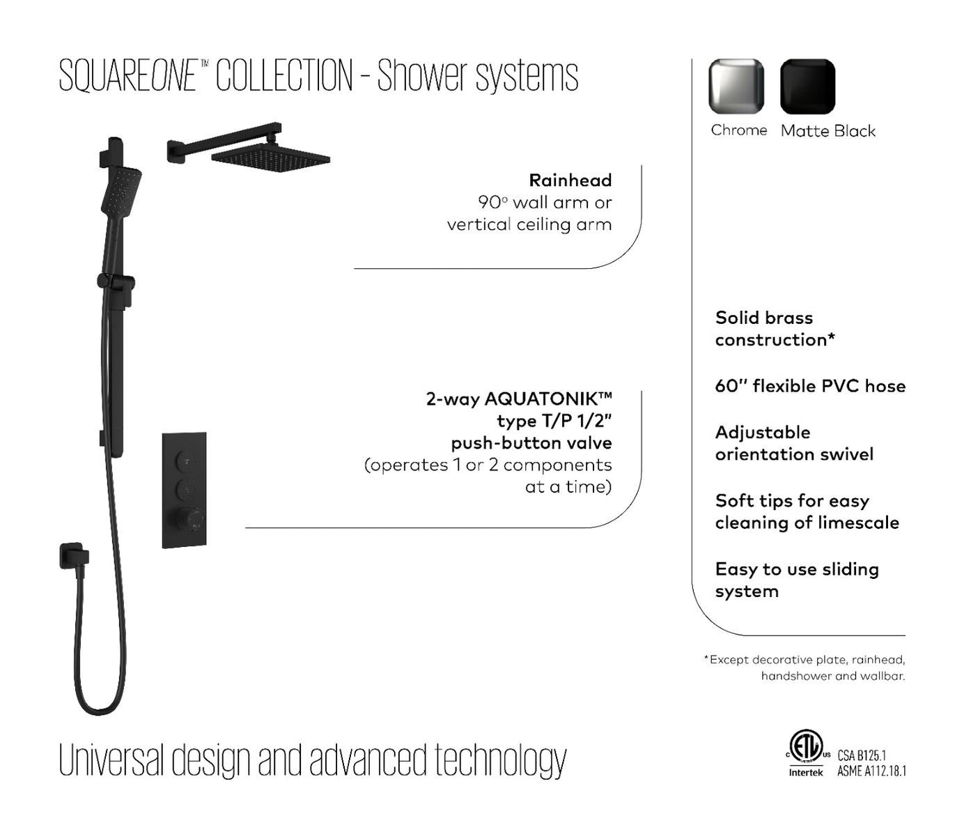 KALIA - SQUAREONE TB2 SHOWER SYSTEMS WITH WALL ARM or CEILING ARM- Mat ...