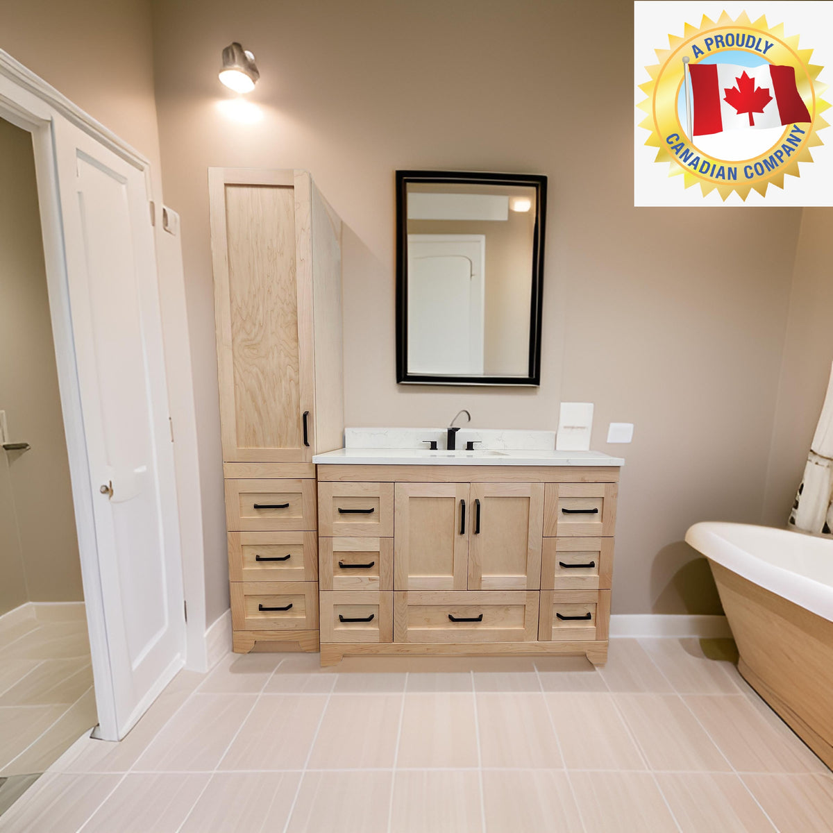 CANADIAN MAPLE 48", Natural Stain Bathroom Vanity With White Quartz Co ...