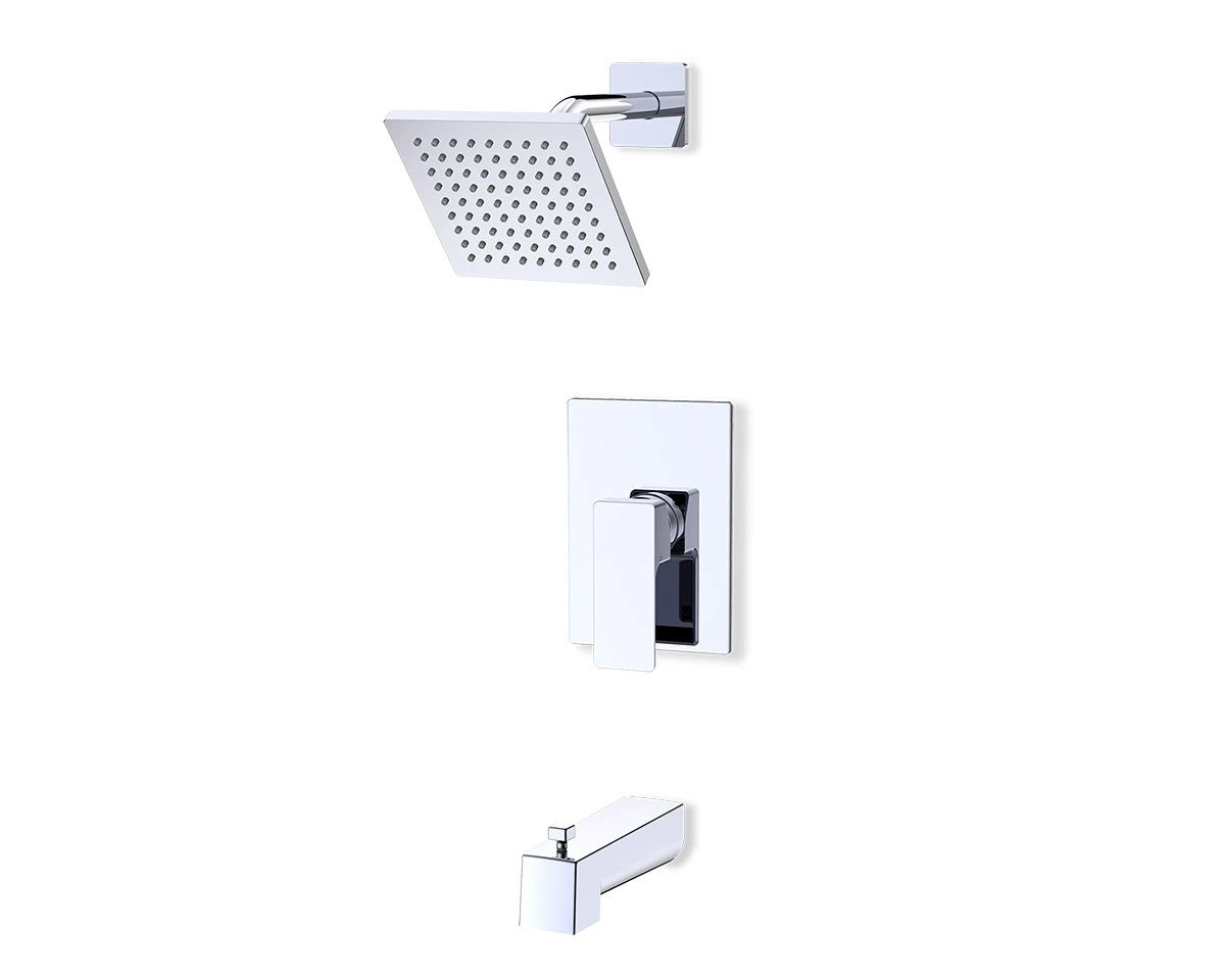 FLUID- Quad Square Diverting Tub Spout & 6” Shower+ Control valve- Chr ...